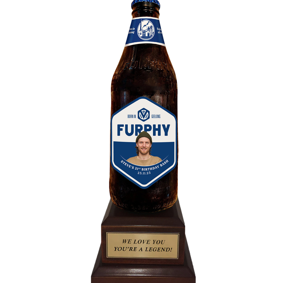Furphy Original Bottle on Pedestal with PERSONALISED LABEL & PLAQUE (b ...