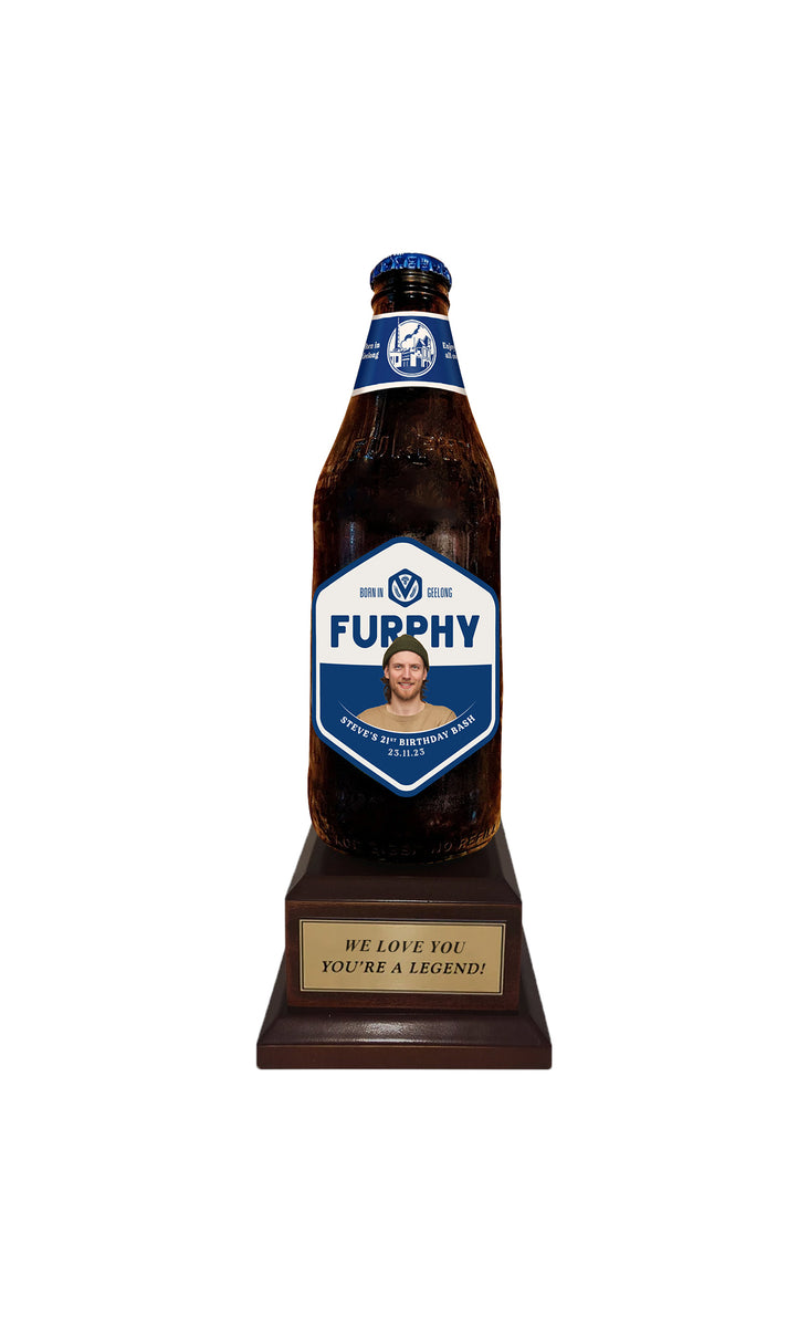 Furphy Original Bottle on Pedestal with PERSONALISED LABEL & PLAQUE (b ...