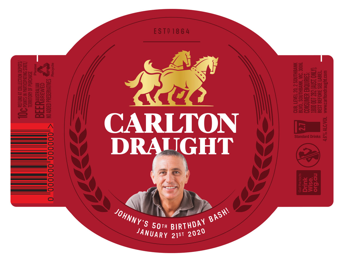 CARLTON DRAUGHT 6 x 750ml Longneck labels with PICTURE AND/OR TEXT (be ...