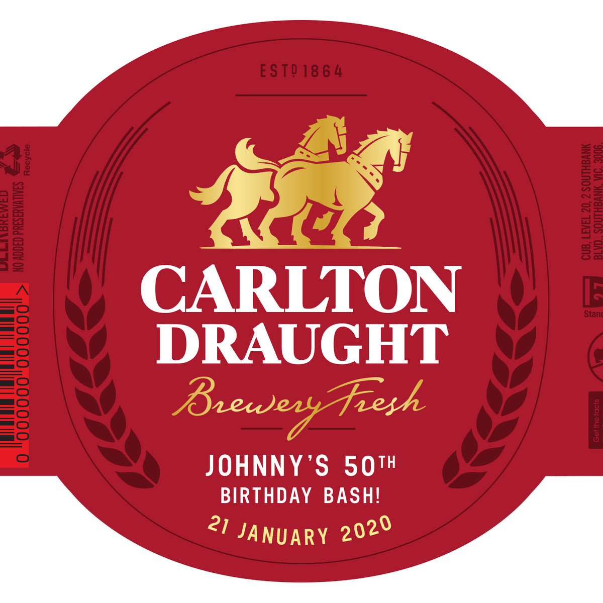 CARLTON DRAUGHT 6 x 750ml Longneck labels with PICTURE AND/OR TEXT (be ...
