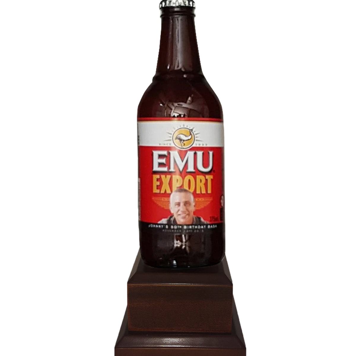 EMU EXPORT Bottle on Pedestal with PERSONALISED LABEL (beer not includ ...