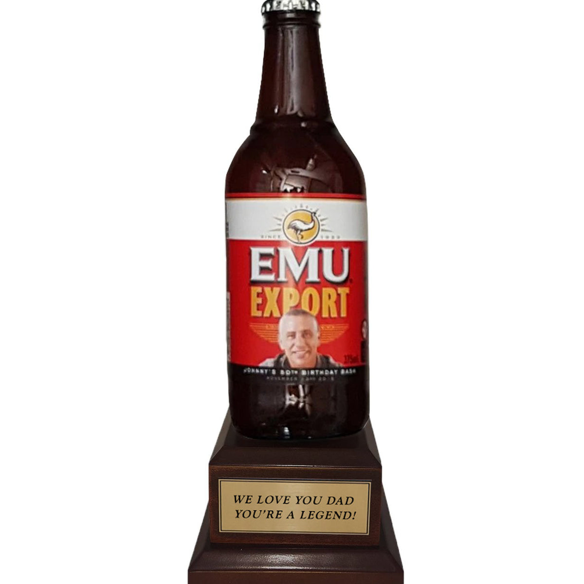 EMU EXPORT Bottle on Pedestal with PERSONALISED LABEL & PLAQUE (beer n ...