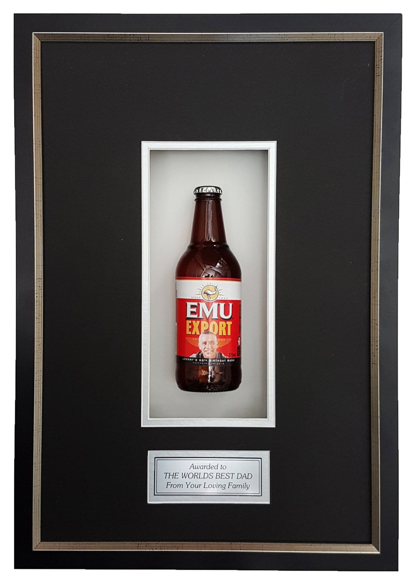 EMU EXPORT Deluxe Framed Beer bottle with Engraving (50cm x 34cm) (bee ...