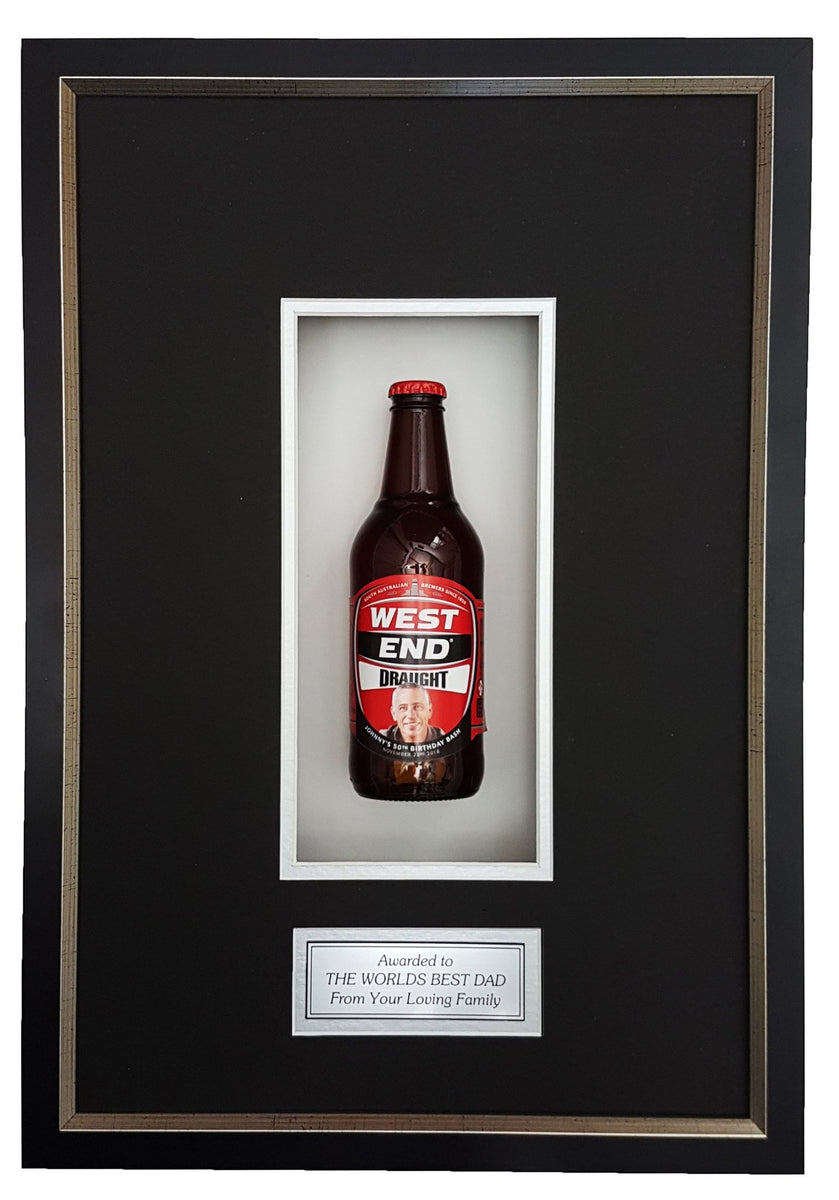 WEST END DRAUGHT Deluxe Framed Beer bottle with Engraving (50cm x 34cm ...